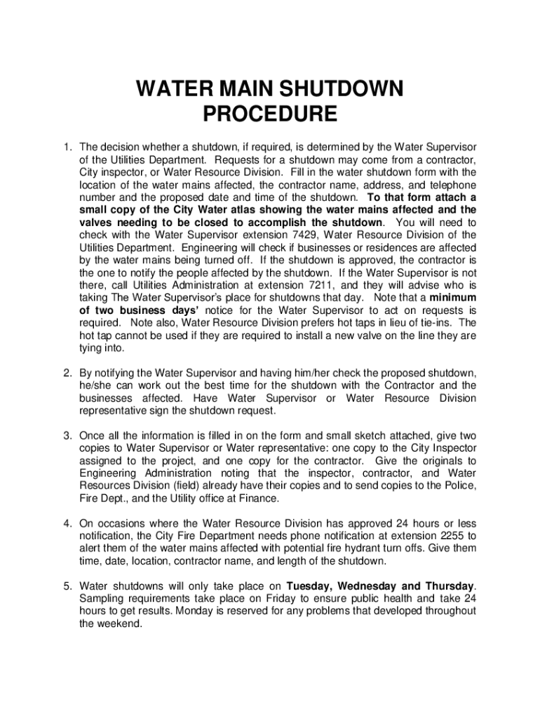 Fillable Online Water Main Shutdown RequestBoston Water and Sewer ...
