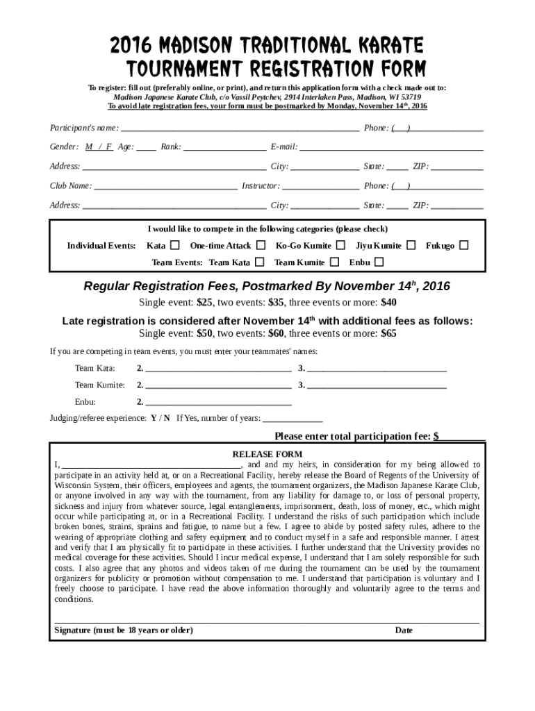 Fillable Online 2016 Madison Traditional Karate Tournament Registration ...