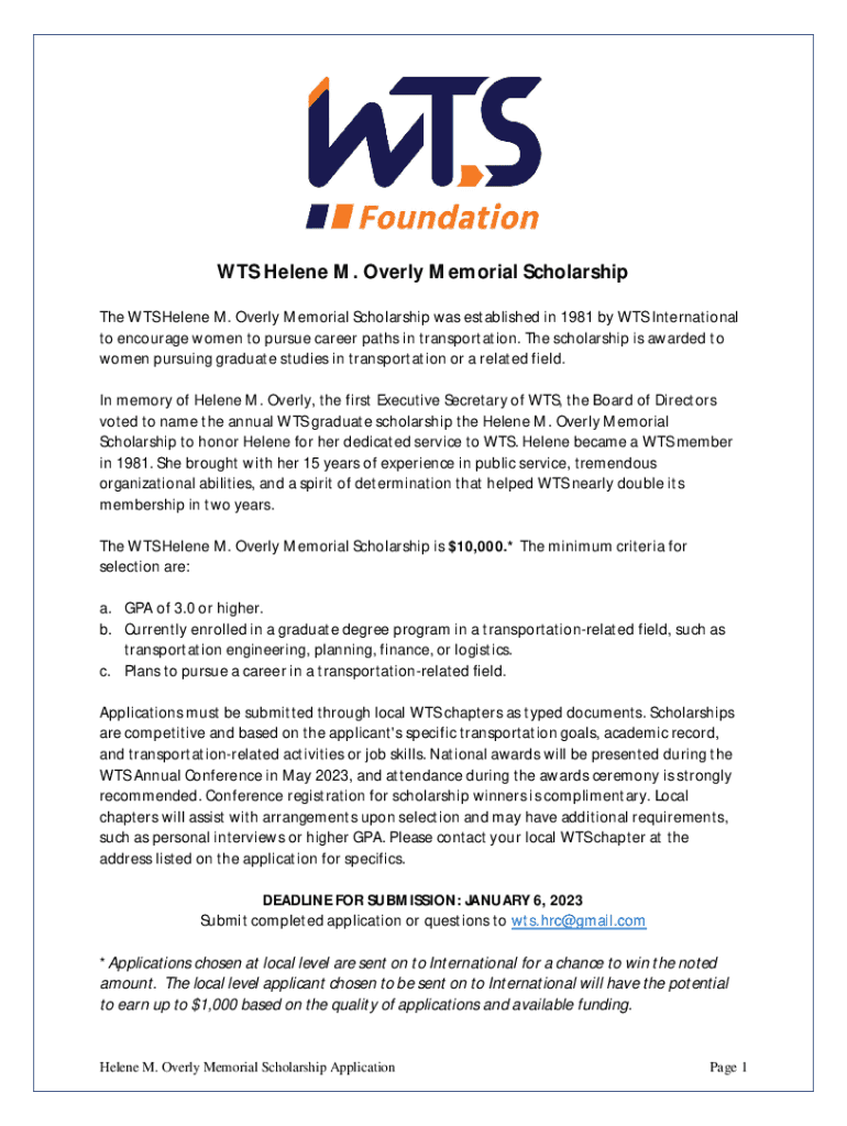 Fillable Online Helene M. Overly Memorial Scholarship - WTS ...