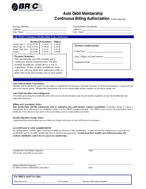 Fillable Online Auto Debit Membership Continuous Billing Authorization ...