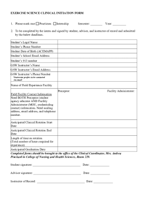 Fillable Online EXERCISE SCIENCE CLINICAL INITIATION FORM 1. Please ...