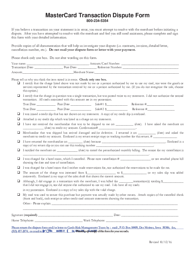Fillable Online MasterCard Transaction Dispute Form.doc Fax Email Print ...