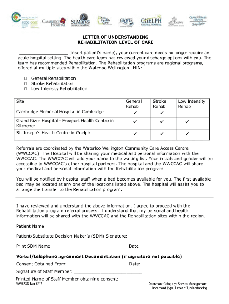 Fillable Online 553D Letter of Understanding General Rehab - Hospital. 553D Letter of ...