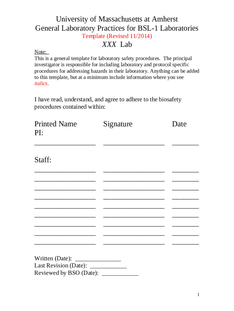 Biosafety Labs BSL1 Manual Template - General Laboratory ... - ehs ...