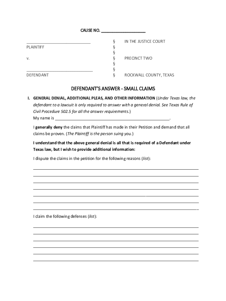 Fillable Online DEFENDANT'S ANSWER - SMALL CLAIMS - El Paso County Fax Email Print - pdfFiller