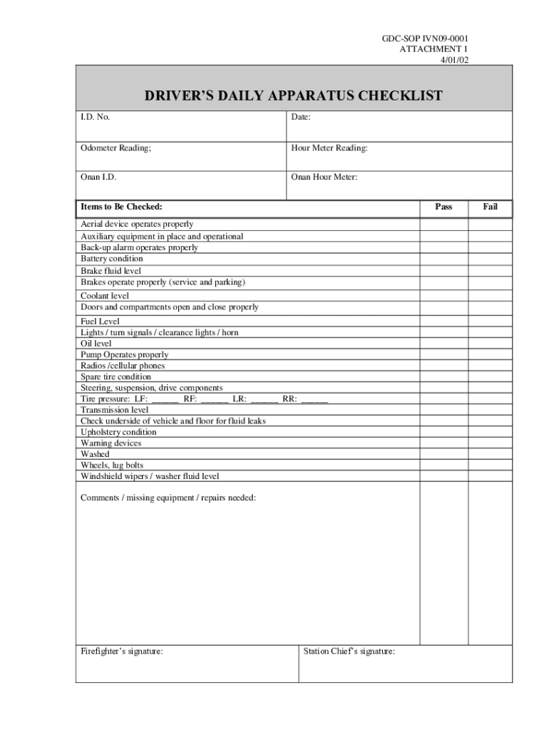 Fillable Online DRIVER'S DAILY APPARATUS CHECKLIST Fax Email Print ...
