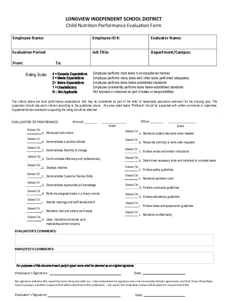 Fillable Online w3 lisd Child Nutrition Performance Evaluation Form ...