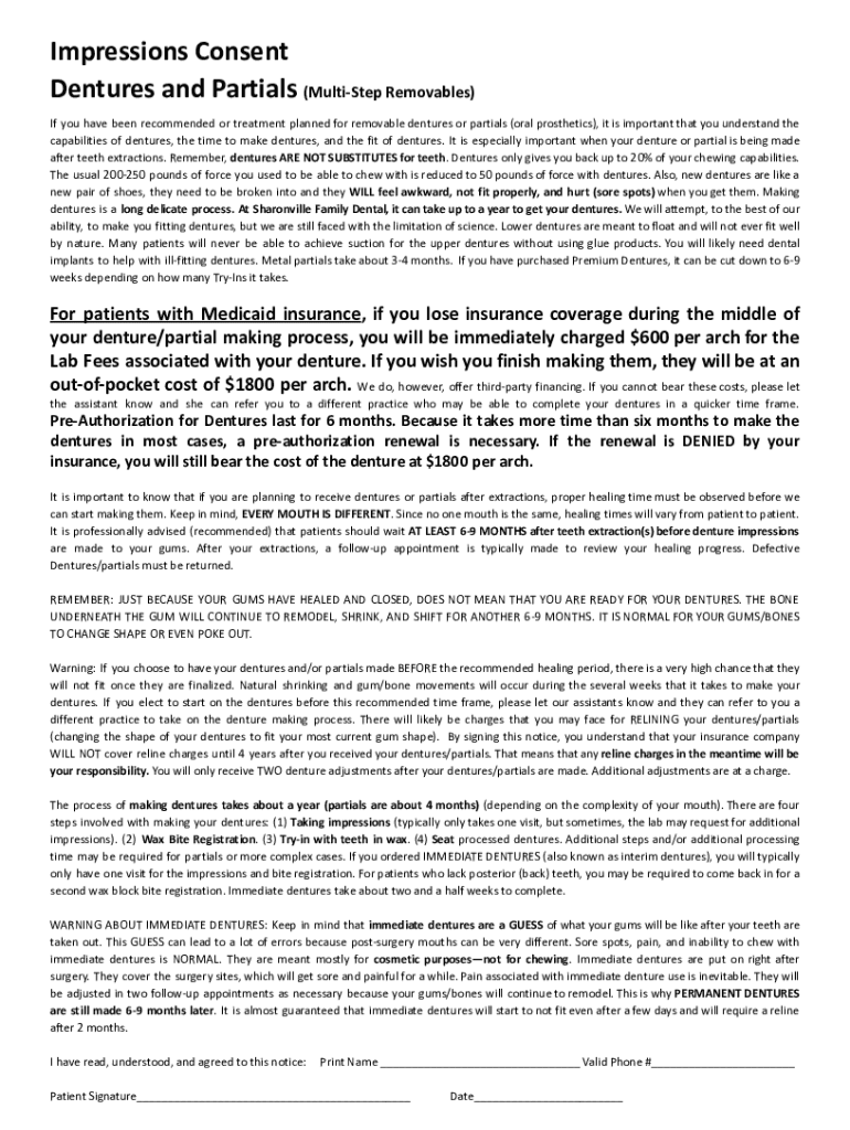 Fillable Online Consent Form - Impression for Dentures and Partials ...