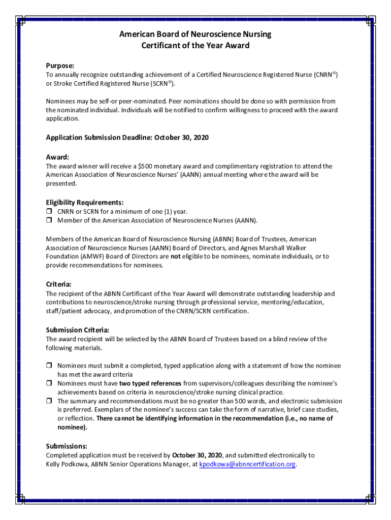 Fillable Online ABNN Certificant of the Year Award and Application Fax Email Print - pdfFiller