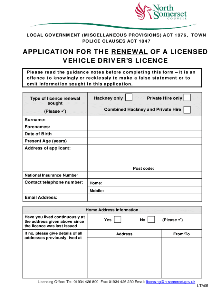 Fillable Online Licensed driver renewal form - North Somerset Council ...