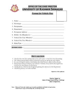 Fillable Online Format for Student Vehicle Pass - Kashmir University ...