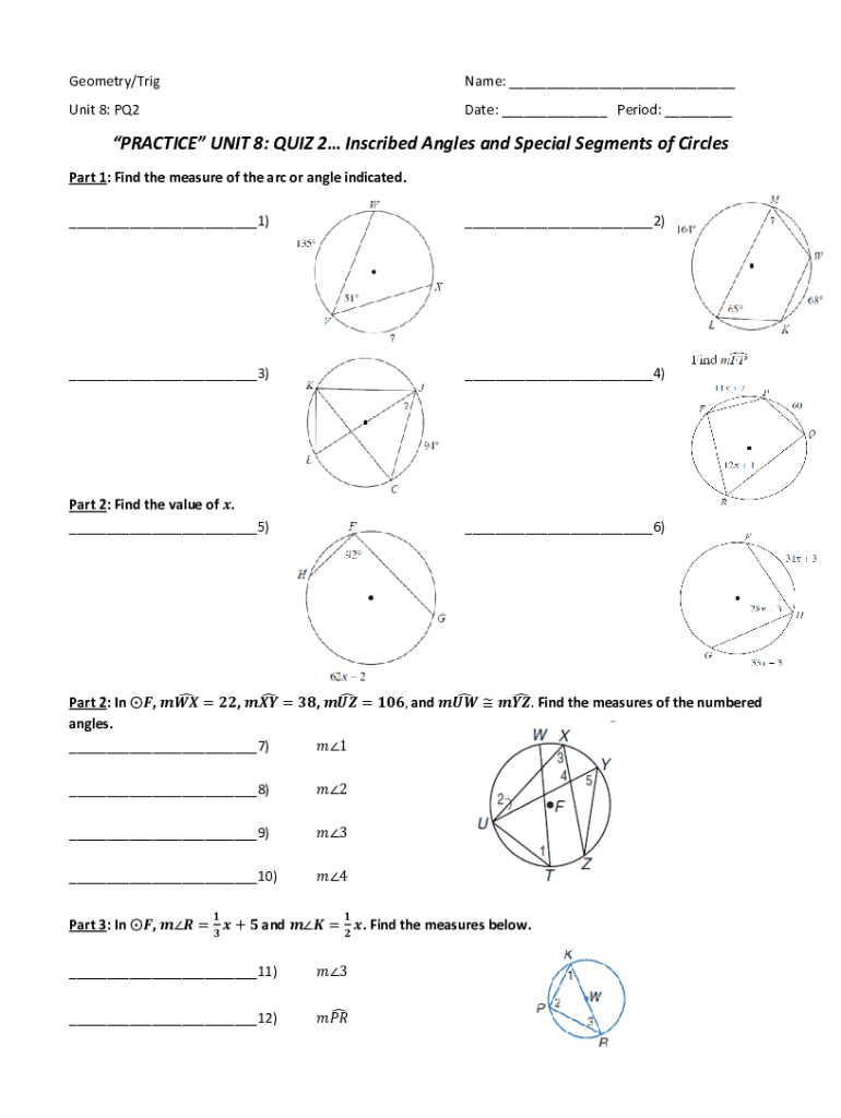 Fillable Online QUIZ 2 Inscribed Angles and Special Segments of Circles ...