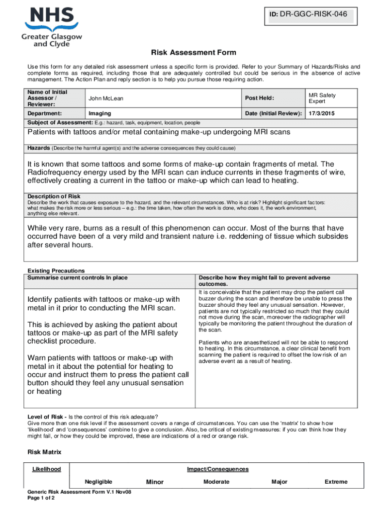 Fillable Online Risk Assessment Form Patients with tattoos and/or metal ...