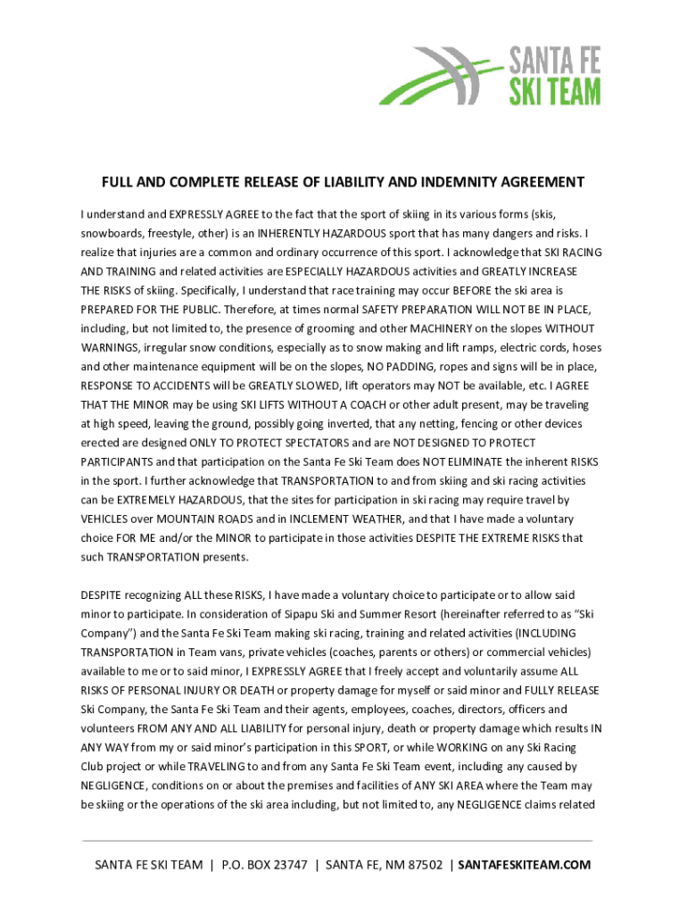 Fillable Online FULL AND COMPLETE RELEASE OF LIABILITY AND INDEMNITY ...