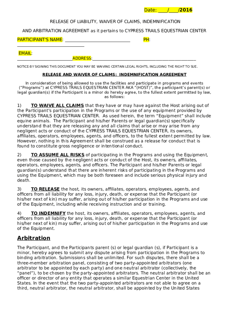 Release and Waiver of Claims; Indemnification Agreement! Doc Template ...