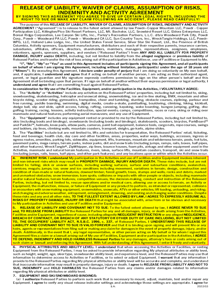 Fillable Online Assumption of Risk, Waiver of Liability & Indemnity ...