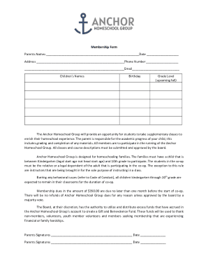 Fillable Online Membership Form - Anchor Homeschool Group Fax Email ...
