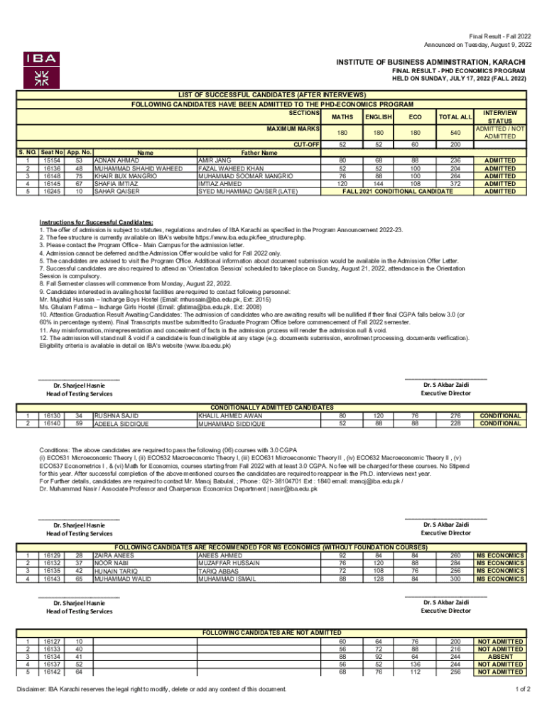 Fillable Online Results Announcement - IBA - Admissions Fax Email Print ...