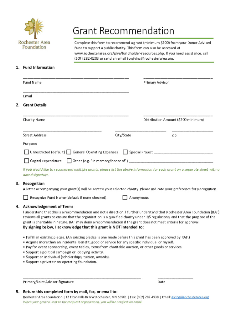 Fillable Online RAF Grant Recommendation Form - Rochester Area ...