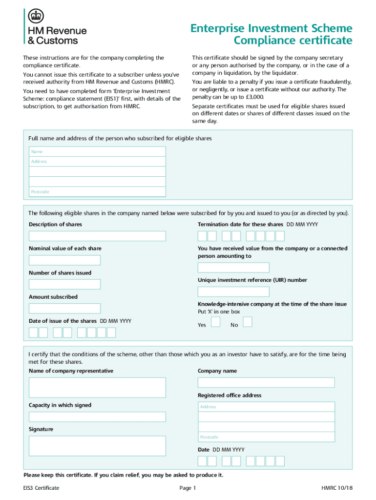 Fillable Online Enterprise Investment Scheme - Certificate and claim to ...