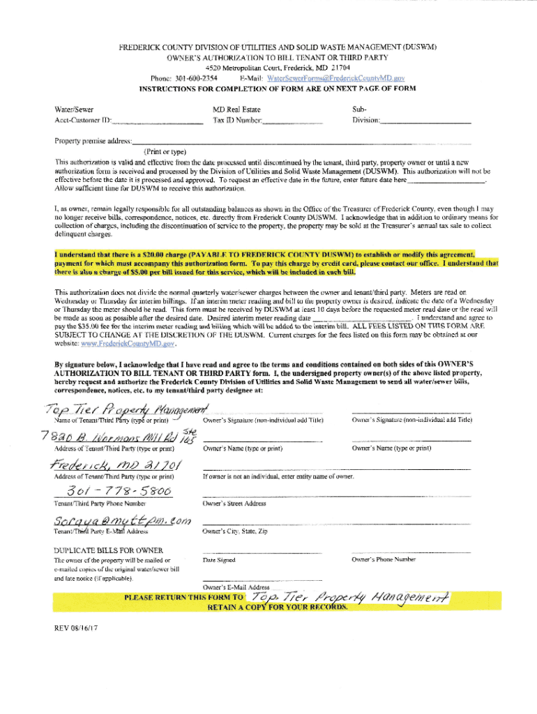 Fillable Online Owner Authorization To Bill Tenant or Third Party Water ...