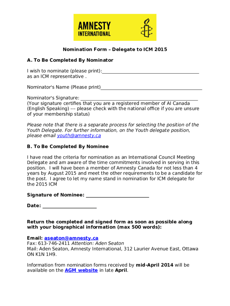 Nomination - Delegate to ICM 2015 Doc Template | pdfFiller