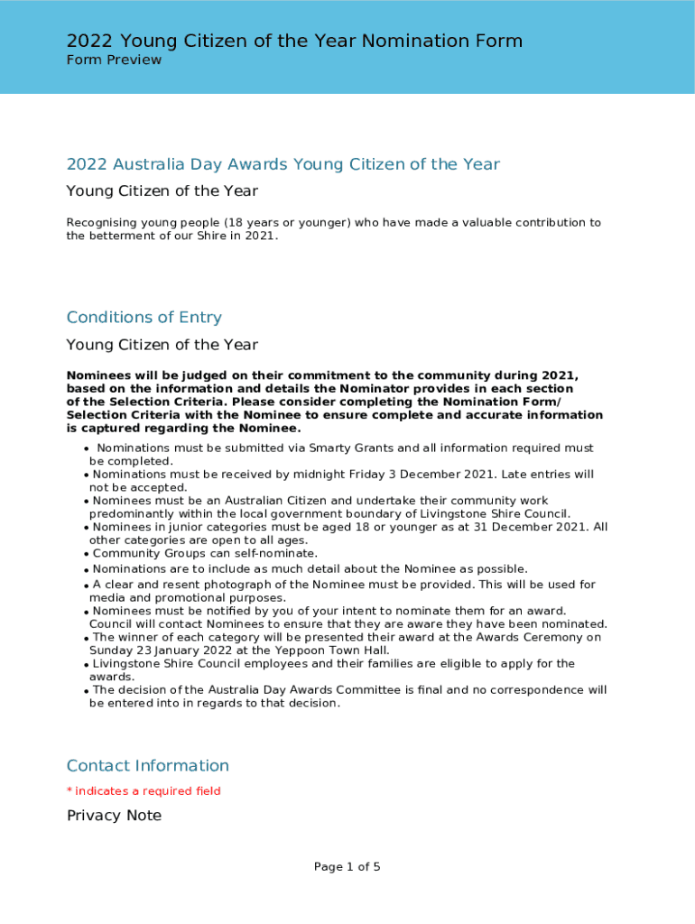 Fillable Online 2022 Young Citizen of the Year Nomination Form Fax Email Print - pdfFiller