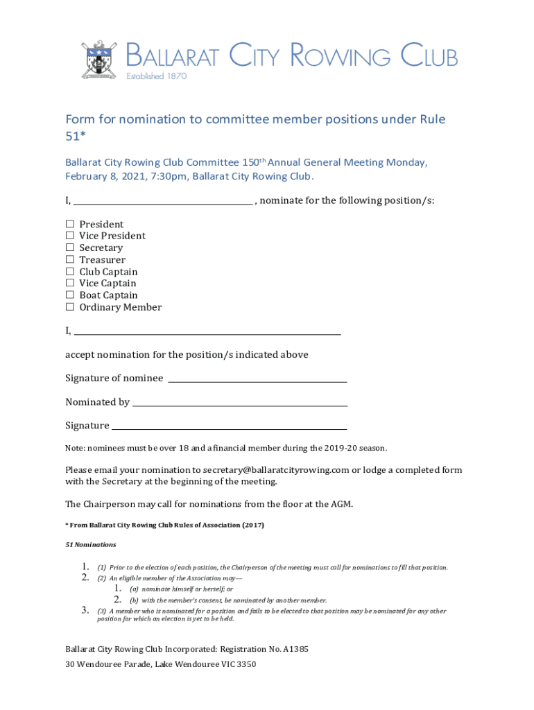 Fillable Online Club Management - Ballarat City Rowing Club Fax Email ...