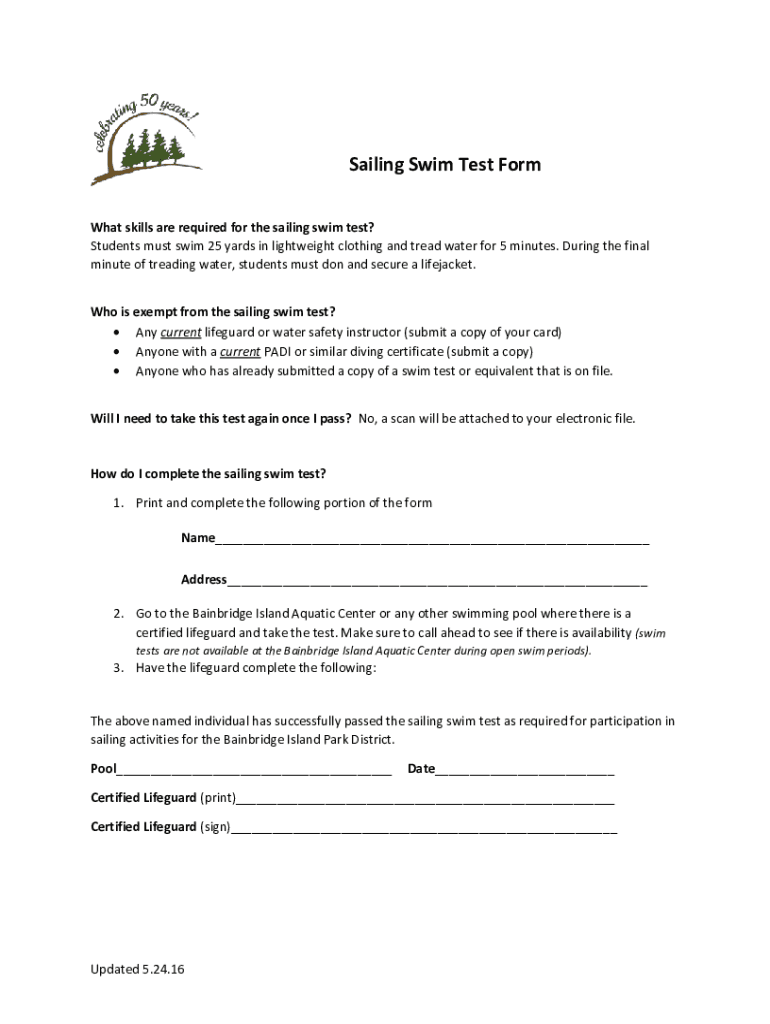 Fillable Online Sailing Swim Test Form Fax Email Print - pdfFiller