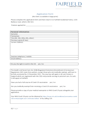 Fillable Online FAIRFIELD Application form - Care Assistant and ...