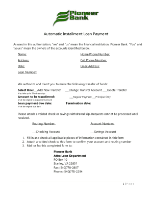 Fillable Online Automatic Loan Payment ACH Form - Pioneer Bank Fax Email Print - pdfFiller