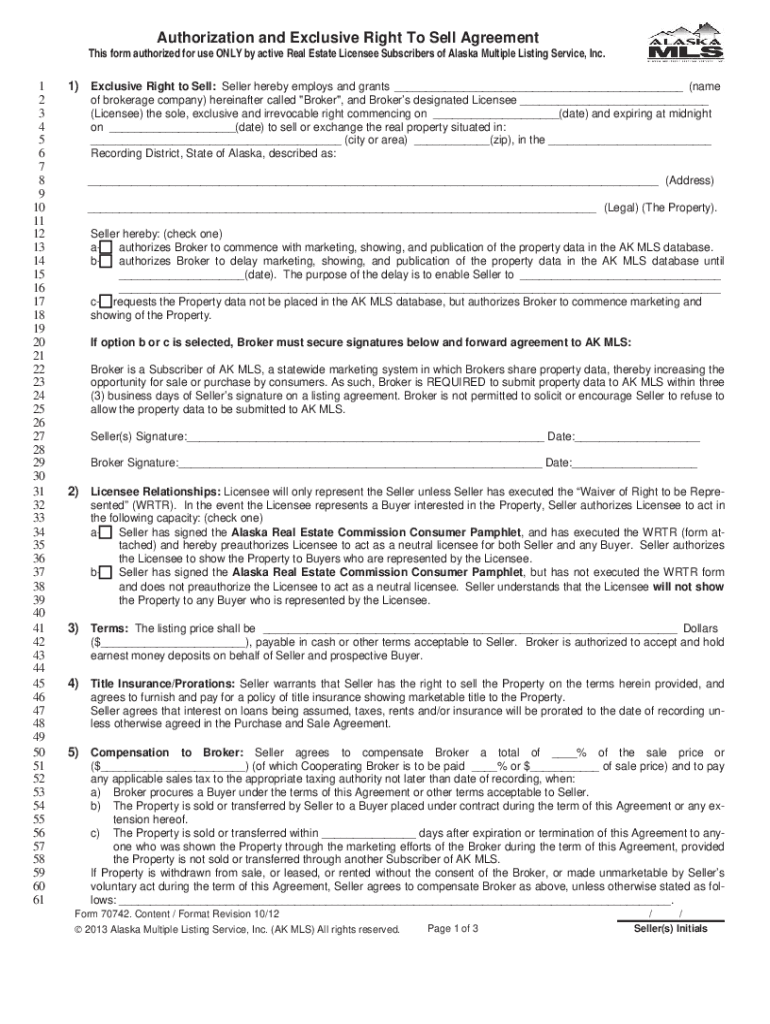 Fillable Online Alaska Authorization And Exclusive Right To Sell Agreement (Form ... Fax Email ...
