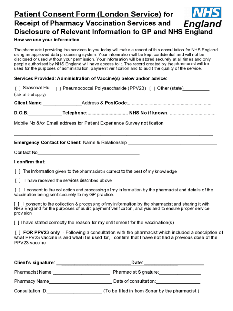 Fillable Online Patient Consent Form (London Service) - PSNC Fax Email ...