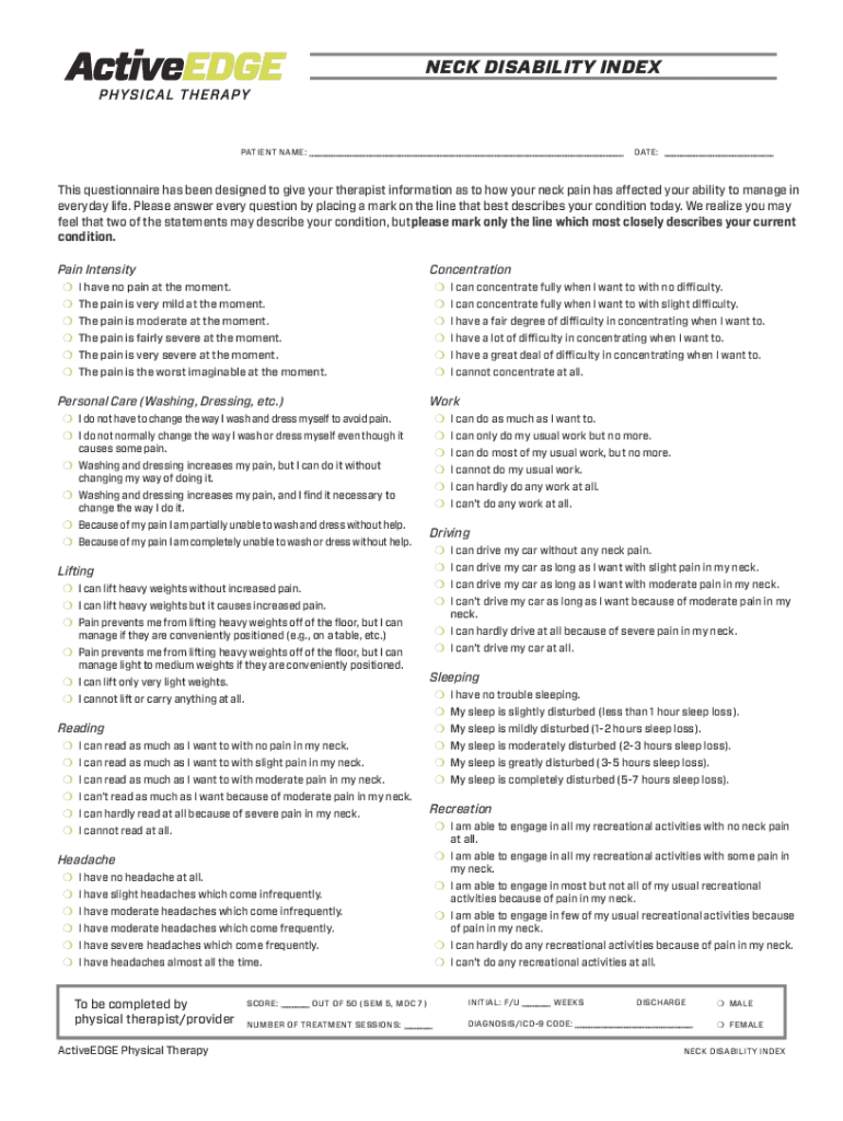 Fillable Online AE Form-Neck Disability Questionaire Oct2019+.eps Fax ...
