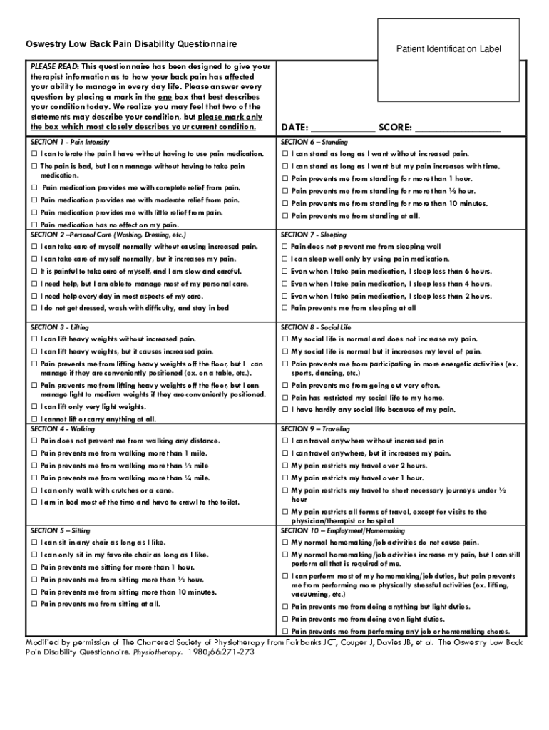 Fillable Online Oswestry Low Back Pain Disability ... - MSU Health Care ...