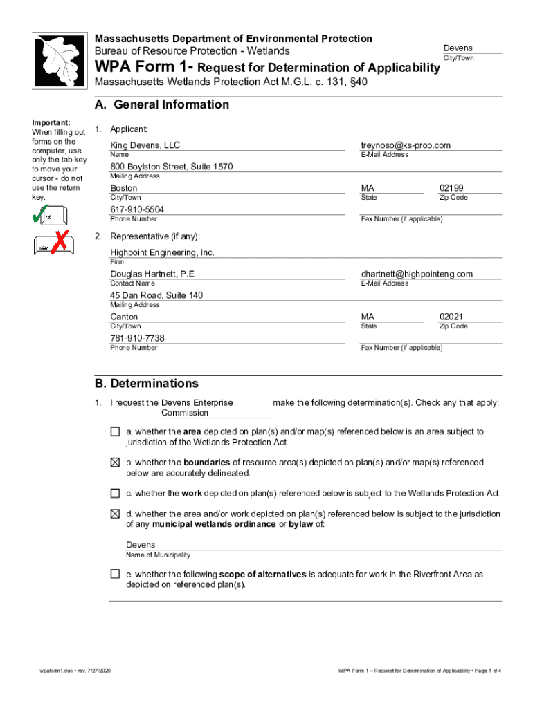 Fillable Online Wetlands - WPA Form 1- Request for Determination of Fax Email Print - pdfFiller
