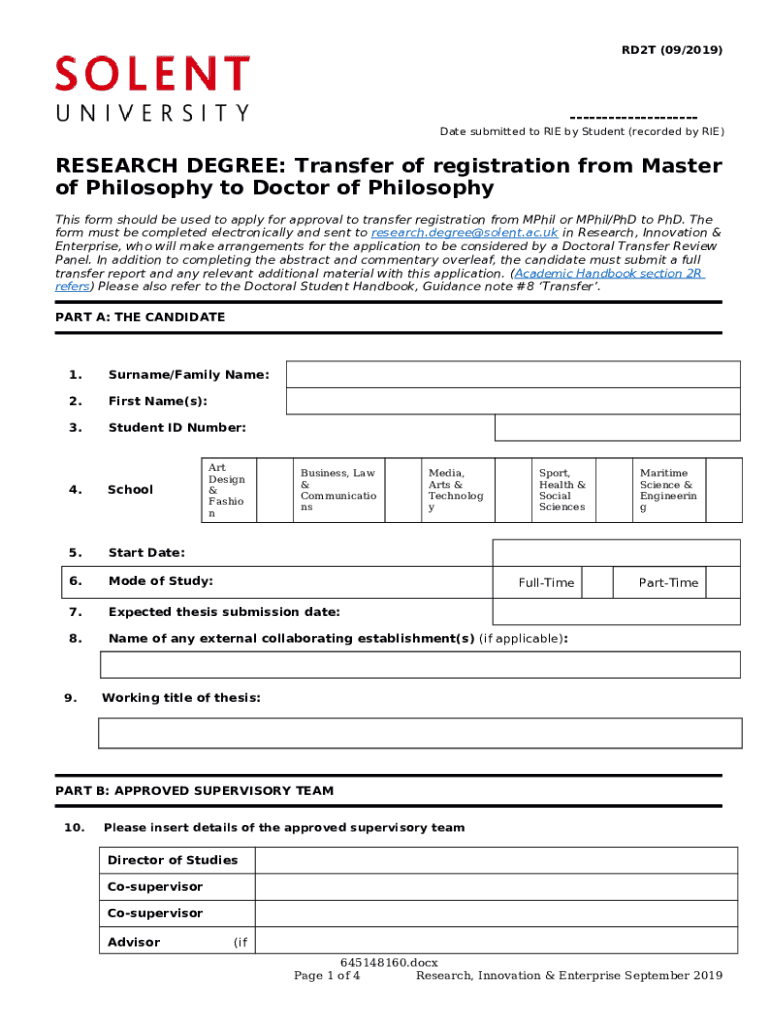Transfer of Registration from MPhil to PhD ( RD2T) Doc Template | pdfFiller