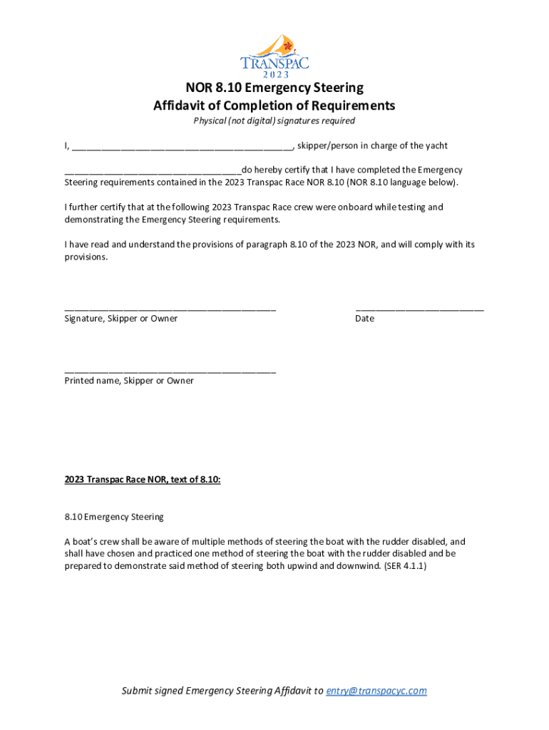 Fillable Online NOR 8.10 Emergency Steering Affidavit of Completion of ...