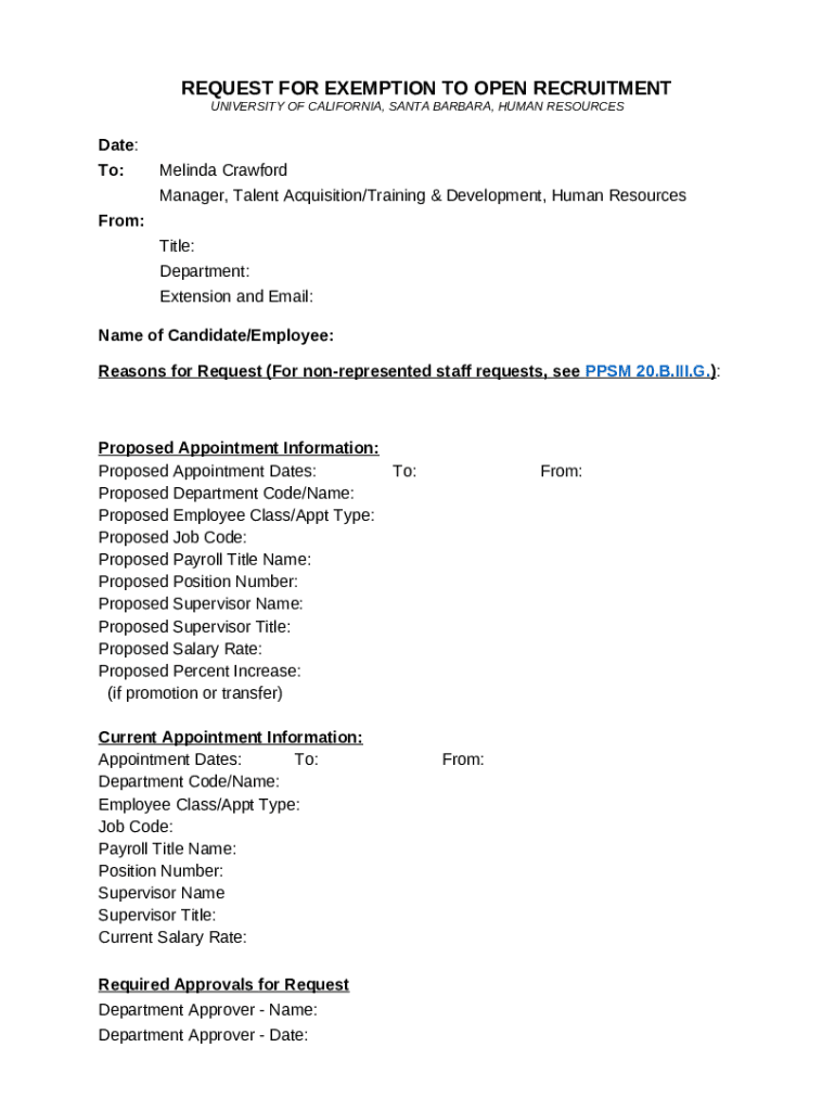 request for exemption to open recruitment Doc Template | pdfFiller
