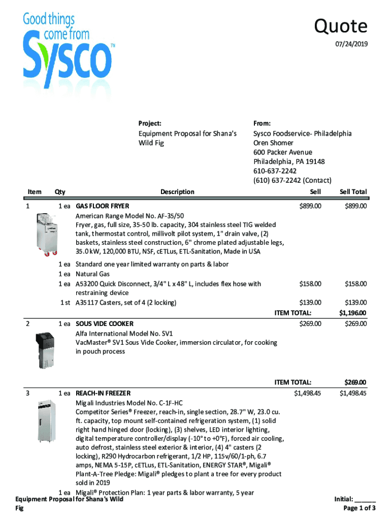 Fillable Online Equipment Proposal for Shana's Wild Fig Sysco Foodservice ... Fax Email Print ...