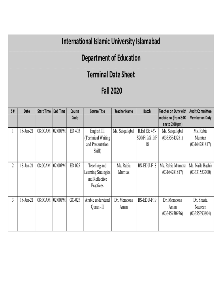 Fillable Online Date Sheet - Islamabad - International Islamic University Fax Email Print ...