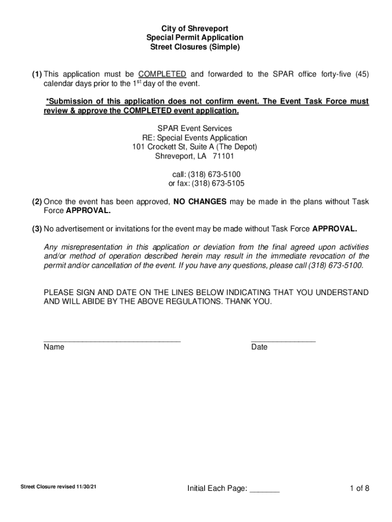 Fillable Online City of Shreveport Special Permit Application Street ...