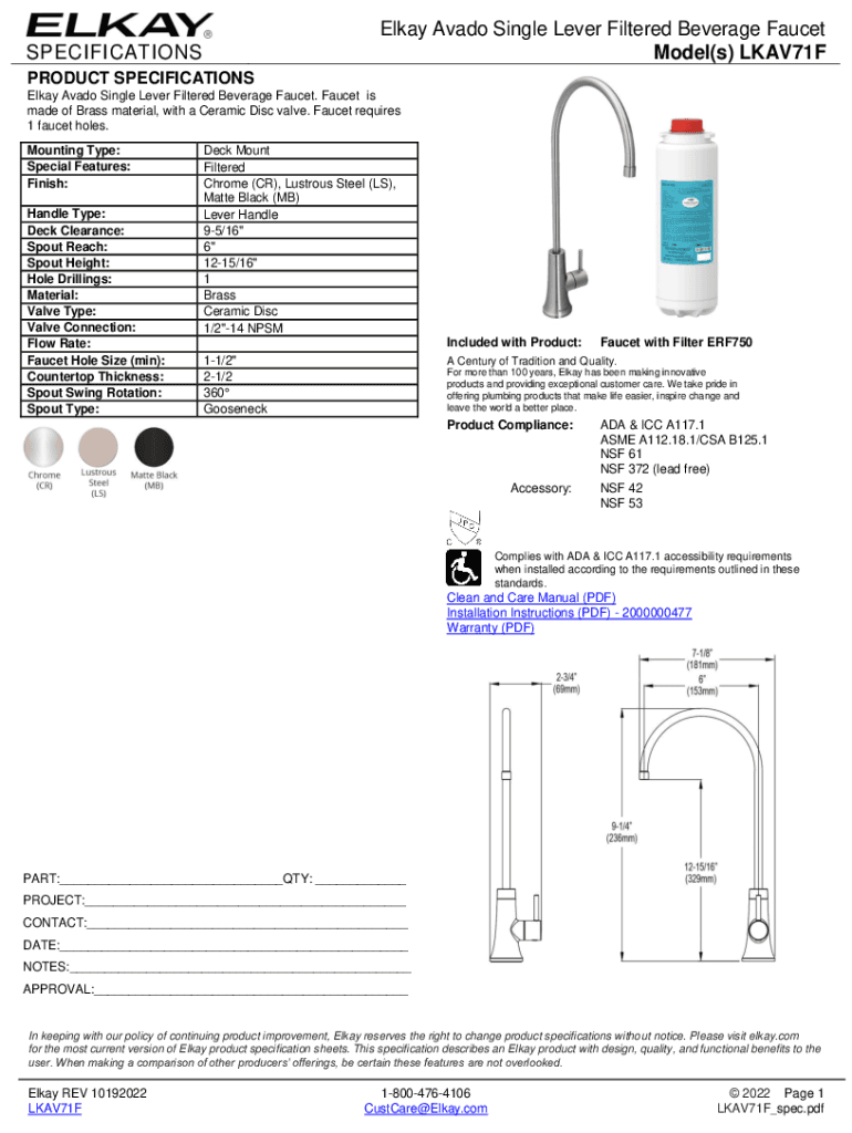 Fillable Online Elkay Avado Single Lever Filtered Beverage Faucet Model ...