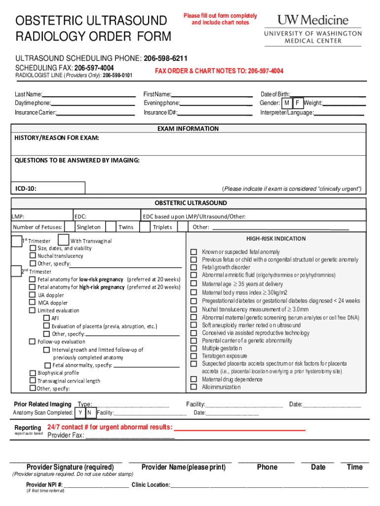 Fillable Online OBSTETRIC ULTRASOUND RADIOLOGY ORDER FORM Fax Email ...