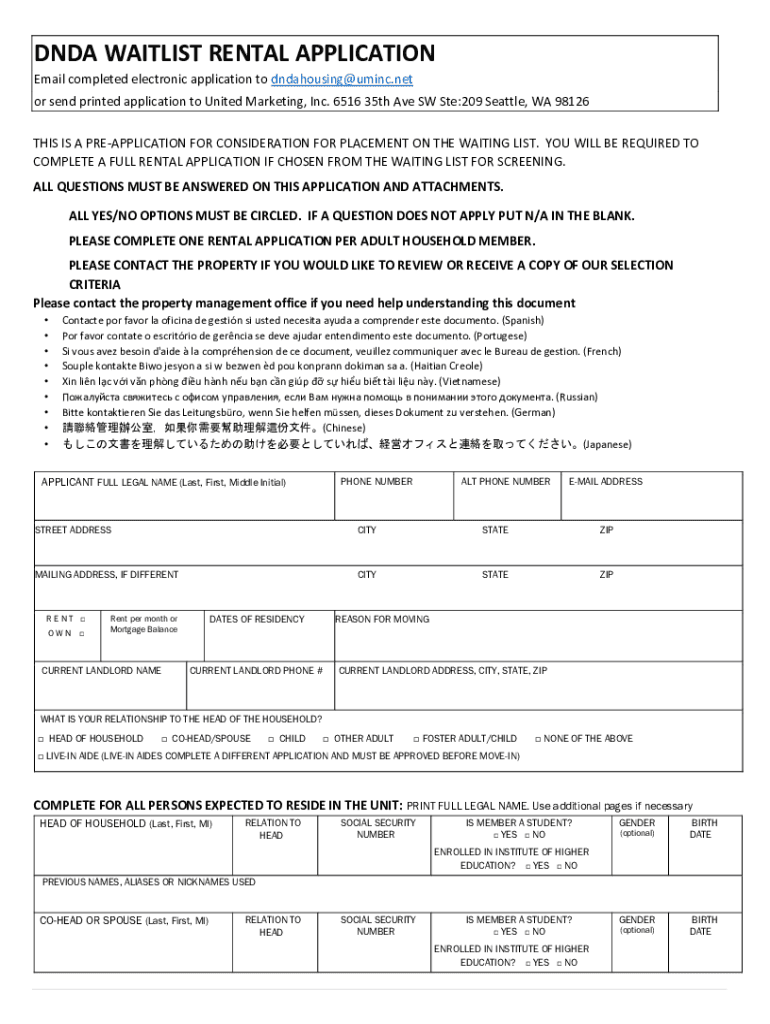 Fillable Online DNDA WAITLIST RENTAL APPLICATION Fax Email Print - pdfFiller