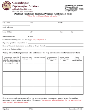 Fillable Online counseling fsu Doctoral Practicum Training Program Application Form Fax Email ...