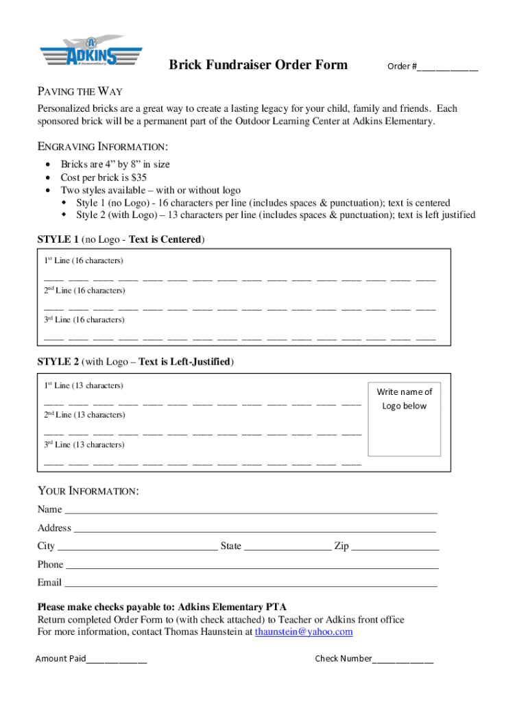 Fillable Online Brick fundraiser order form: Fill out & sign online ...