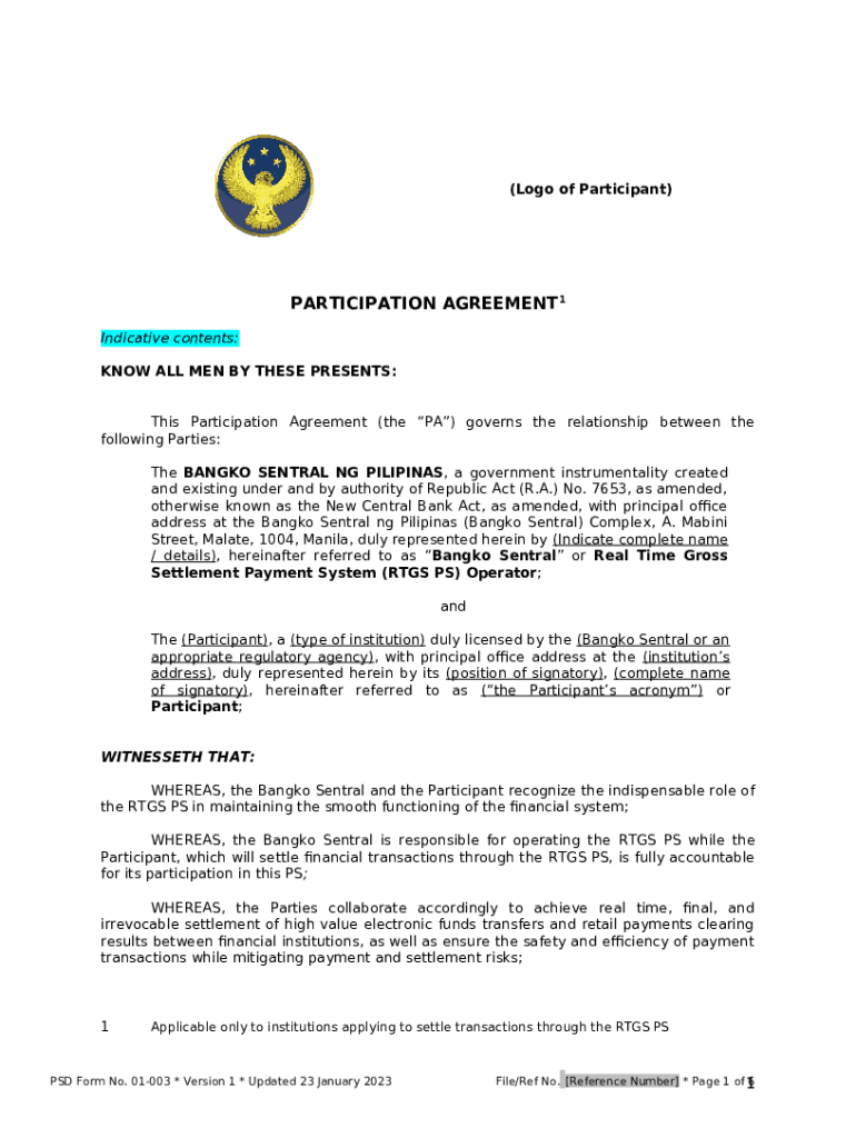 Participation Agreement - BSP Doc Template | pdfFiller