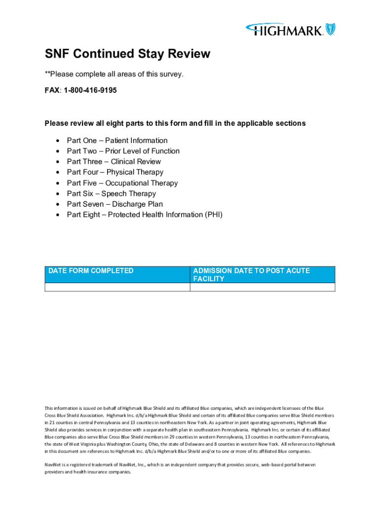 Fillable Online AUTHORIZATION FORM FOR CONTINUED STAY FOR SNF ... Fax ...