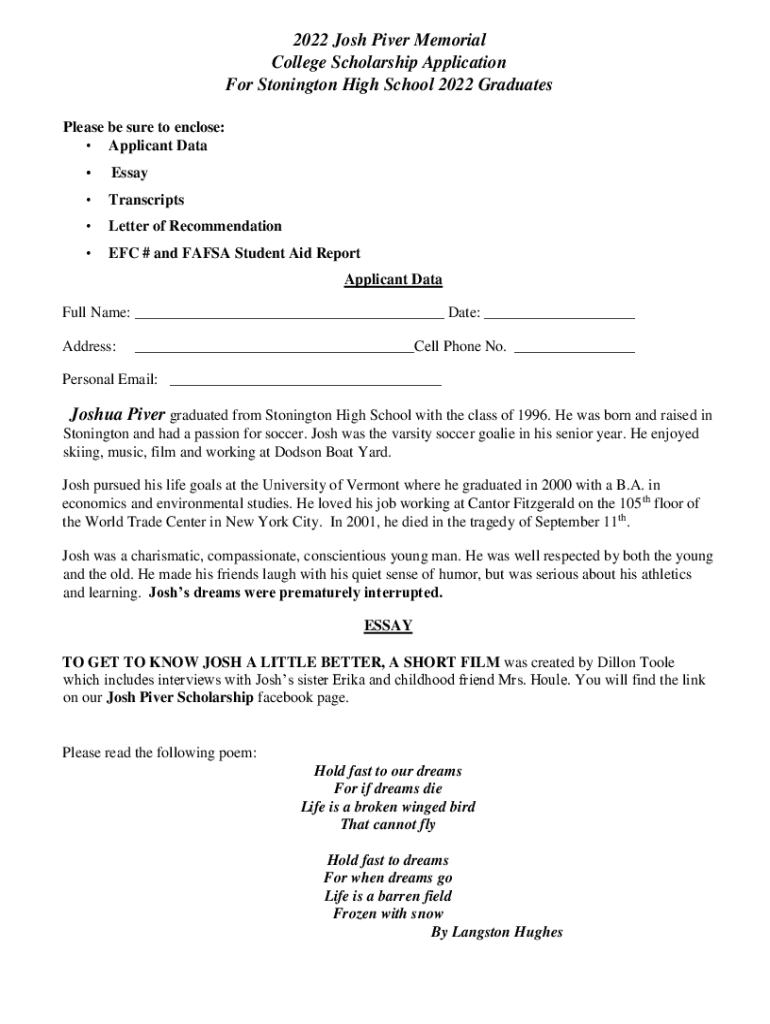 Fillable Online Stonington High School Honors Joshua Piver Memory ...